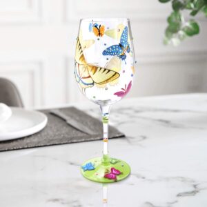 NymphFable Hand-painted Wine Glass Colorful Butterflies Artisan Painted Glass 15 oz Novelty Gift for Birthdays,Weddings,Valentine's Day