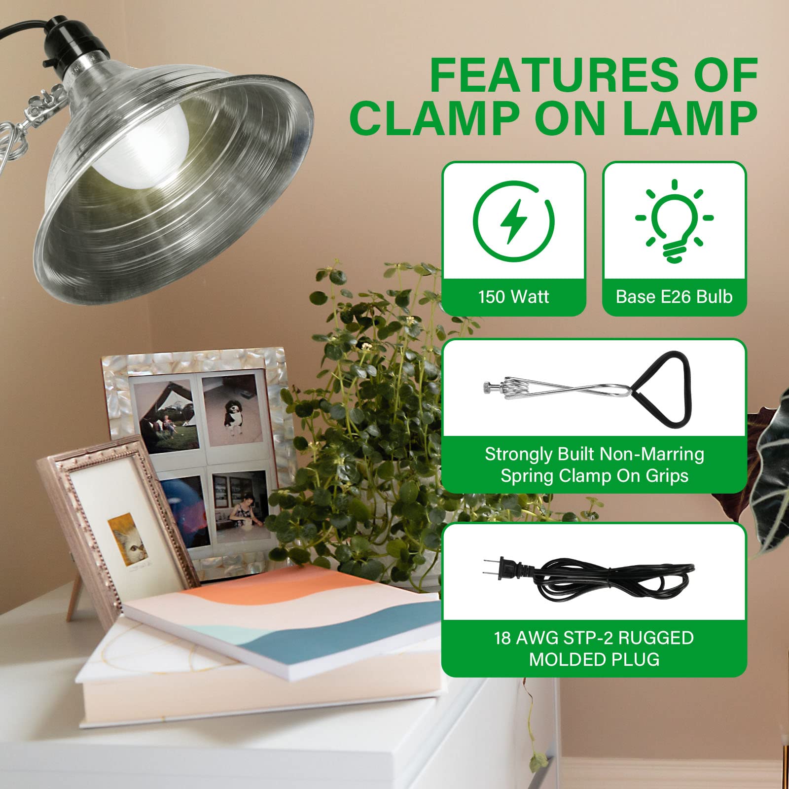 Simple Deluxe Clamp Lamp Light with 8.5 Inch Aluminum Reflector up to 150 Watt E26 (no Bulb Included) 6 Feet 18/2 SPT-2 Cord, 1-Pack, Silver and Black