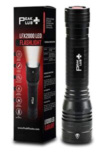 peakplus high powered led flashlight lfx2000, brightest high lumen light with 5 modes, zoomable and water resistant, best flashlights for camping, dog walking and emergency