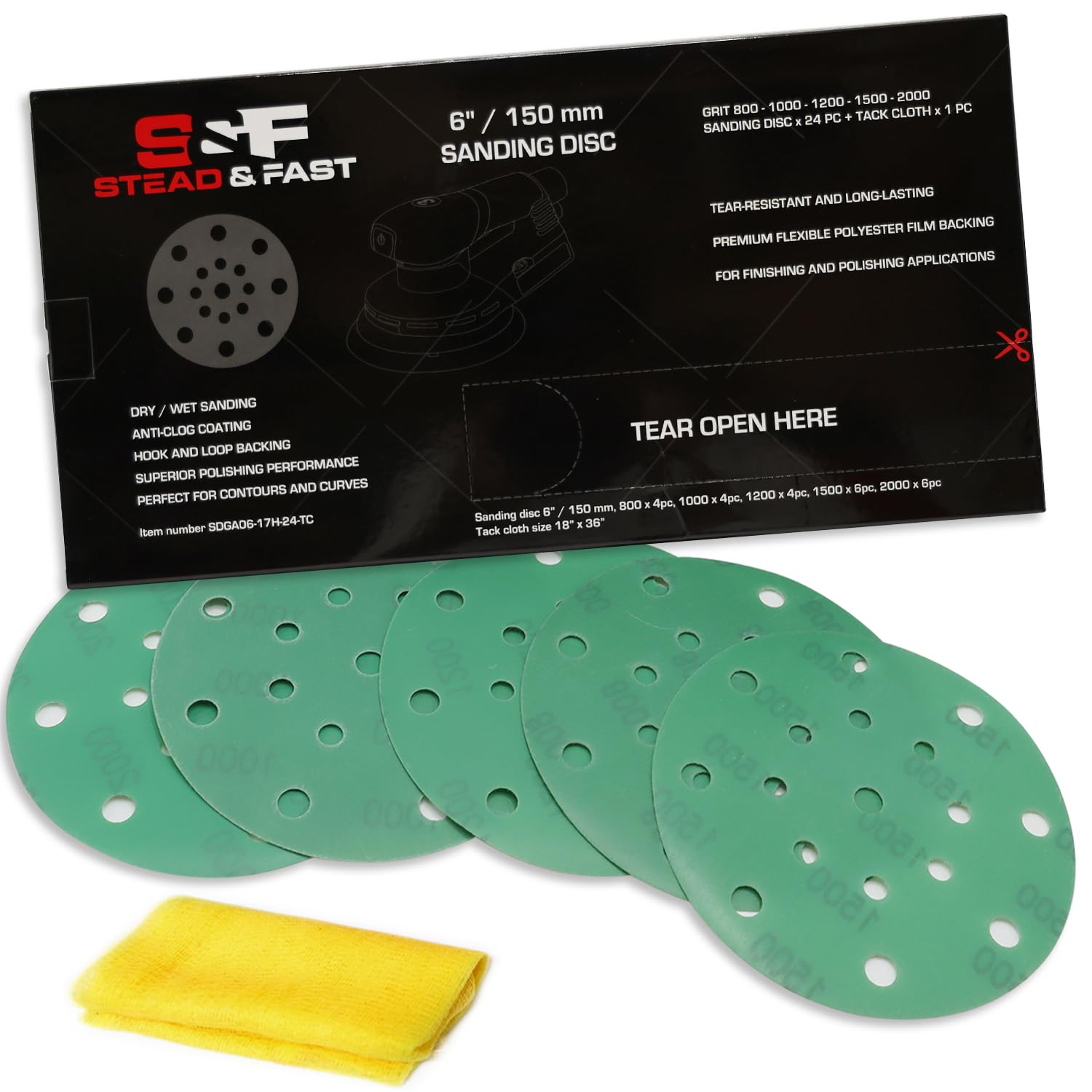 6 inch Sanding Discs Hook and Loop, 800 1000 1200 1500 2000 High Grit 24 pc, Durable Assorted Round Sand Paper Pad for Fine Sanding/Polishing with Power Orbital Sander, Tack Cloth by S&F STEAD & FAST