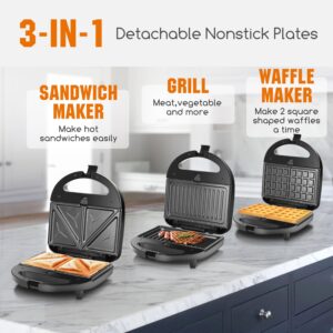 Aigostar Sandwich Maker Panini Press Grill, 3 in 1 Waffle Maker with Removable Non-stick Plates, Electric Grilled Cheese Maker, Portable Cool Touch Handle, Led Indicator Lights & Easy to Clean, 750W