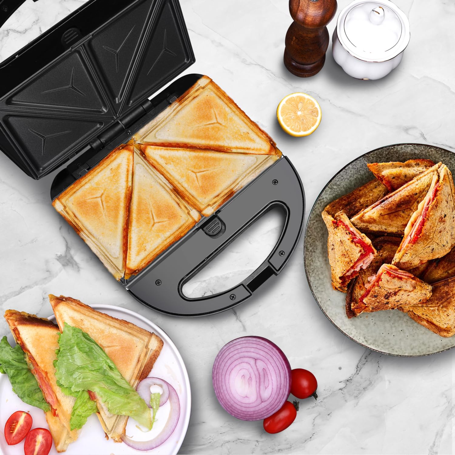 Aigostar Sandwich Maker Panini Press Grill, 3 in 1 Waffle Maker with Removable Non-stick Plates, Electric Grilled Cheese Maker, Portable Cool Touch Handle, Led Indicator Lights & Easy to Clean, 750W