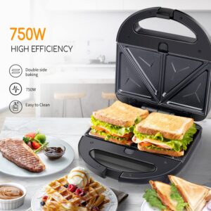 Aigostar Sandwich Maker Panini Press Grill, 3 in 1 Waffle Maker with Removable Non-stick Plates, Electric Grilled Cheese Maker, Portable Cool Touch Handle, Led Indicator Lights & Easy to Clean, 750W