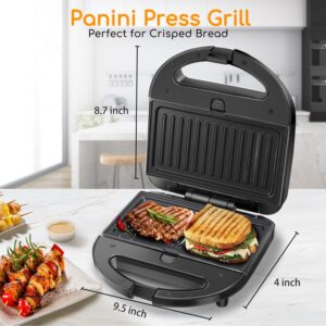 Aigostar Sandwich Maker Panini Press Grill, 3 in 1 Waffle Maker with Removable Non-stick Plates, Electric Grilled Cheese Maker, Portable Cool Touch Handle, Led Indicator Lights & Easy to Clean, 750W