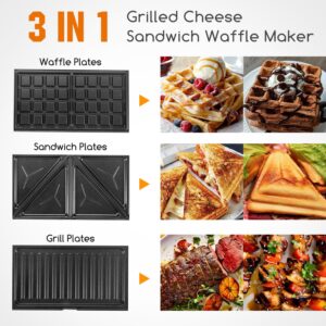 Aigostar Sandwich Maker Panini Press Grill, 3 in 1 Waffle Maker with Removable Non-stick Plates, Electric Grilled Cheese Maker, Portable Cool Touch Handle, Led Indicator Lights & Easy to Clean, 750W