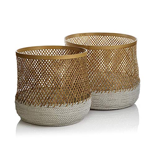 Zodax Ampang 2-Piece Set Bamboo & Raffia Decorative Baskets, White, Natural