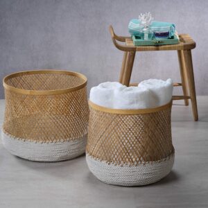 Zodax Ampang 2-Piece Set Bamboo & Raffia Decorative Baskets, White, Natural