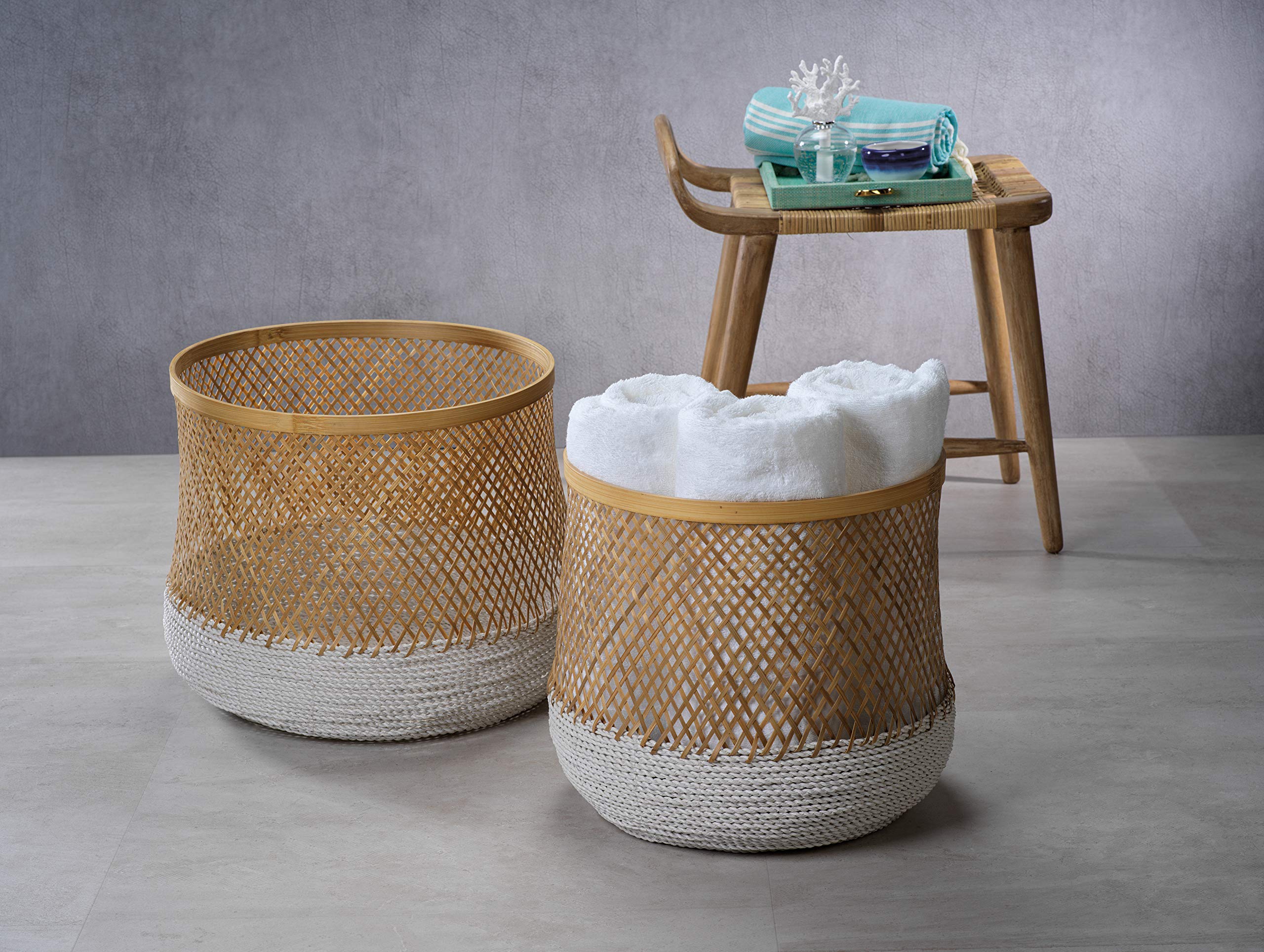 Zodax Ampang 2-Piece Set Bamboo & Raffia Decorative Baskets, White, Natural