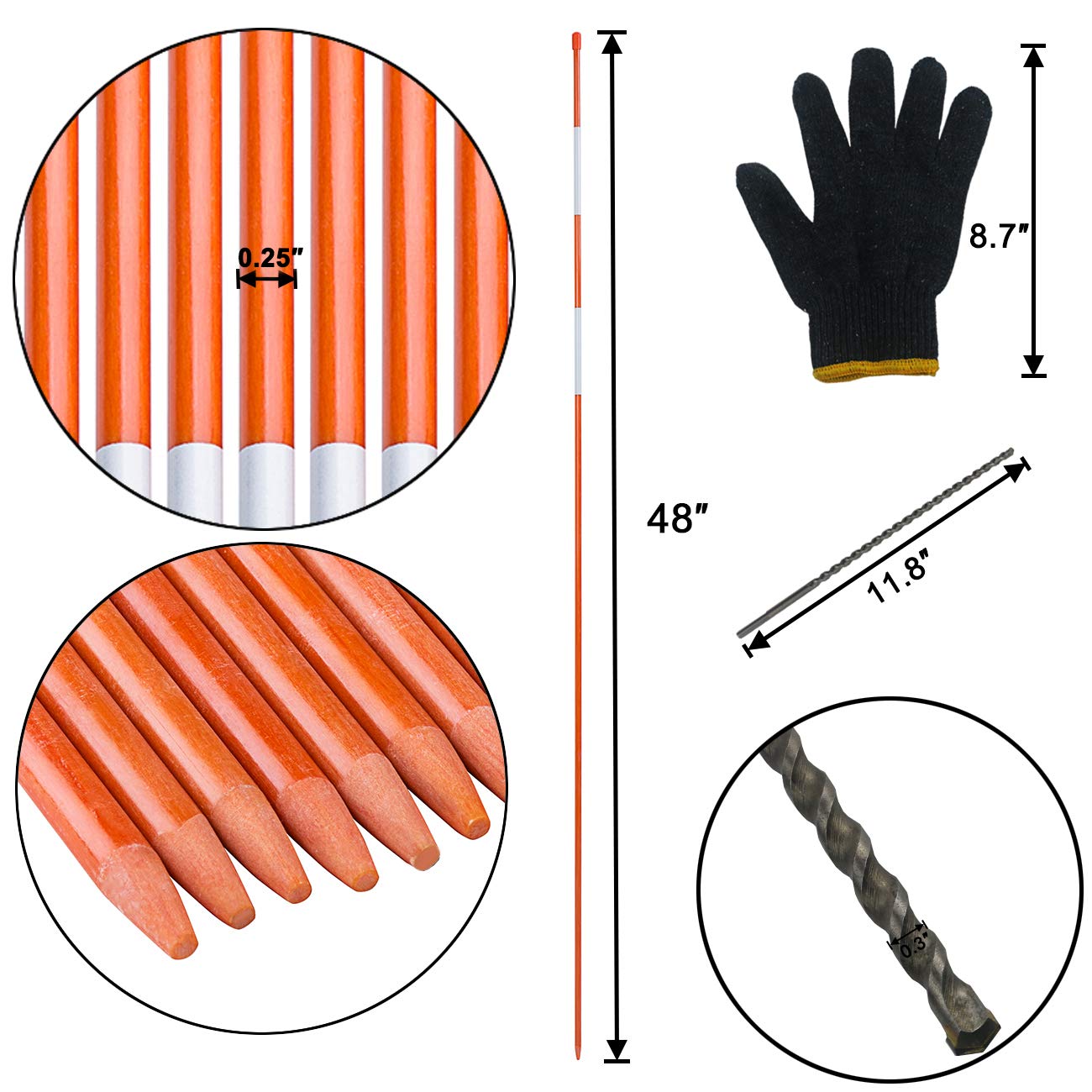 Sunnyglade 100PCS 48 Inch Driveway Marker Set 1/4 Inch Dia Fiberglass Reflective Snow Stakes with Steel Drill Bit & Protection Gloves for Parking Lots, Walkways(100, 1/4 Inch)