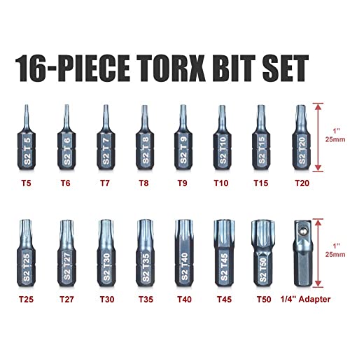 ARUCMIN 16-Piece Security Torx Bit Set T5-T50, Tamper Resistant Star Bits Set S2 Steel with a 1/4" Adaptor