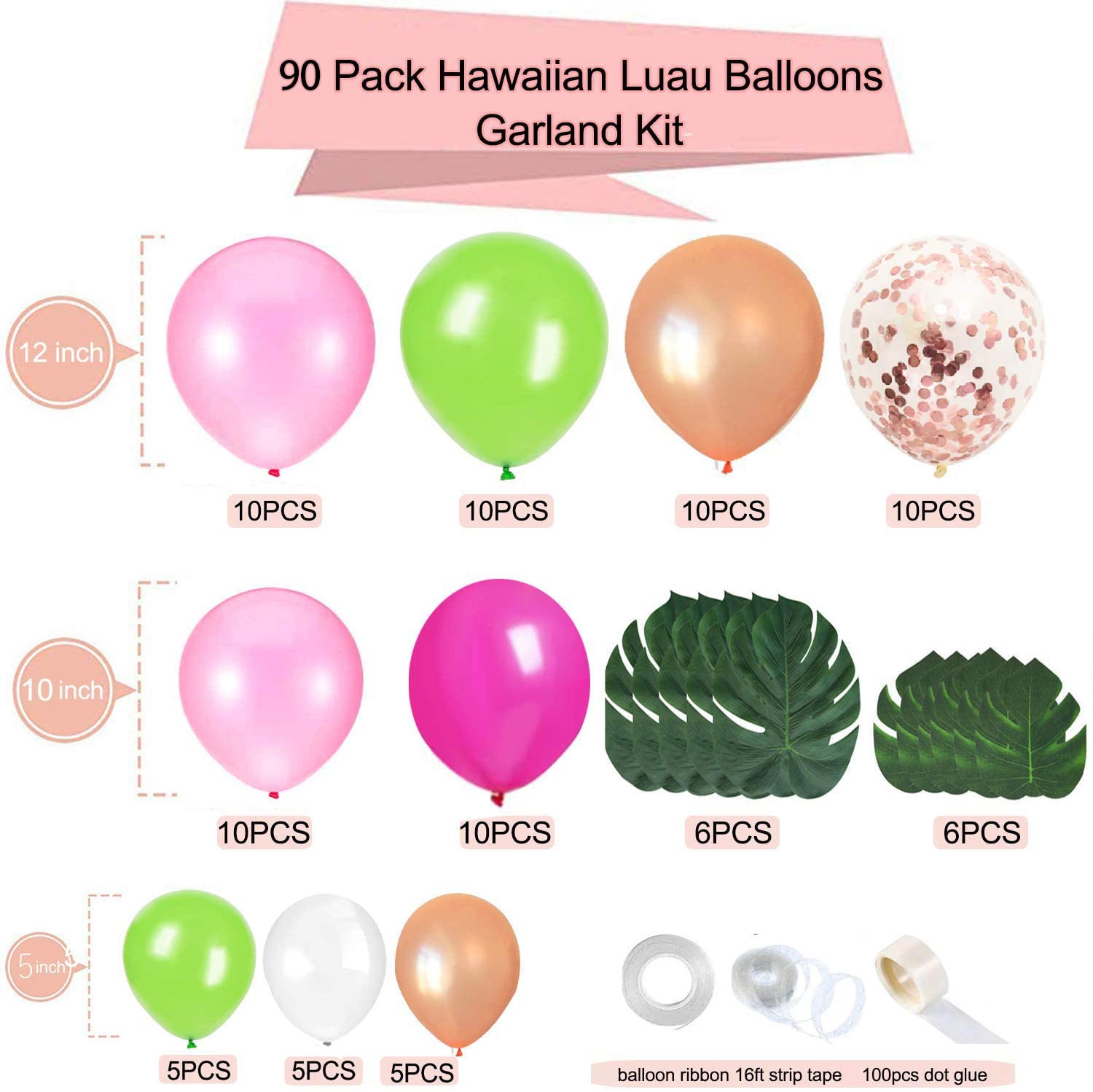 Hawaiian Luau Party Decorations Balloon Garland - Tropical Balloon Arch Kit with Palm Leaves for Hawaiian Luau Party Supplies, Flamingo Aloha Tropical Birthday Baby Shower Decorations, 90 Pack