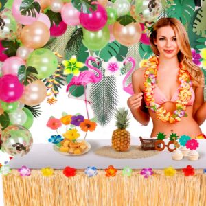 Hawaiian Luau Party Decorations Balloon Garland - Tropical Balloon Arch Kit with Palm Leaves for Hawaiian Luau Party Supplies, Flamingo Aloha Tropical Birthday Baby Shower Decorations, 90 Pack