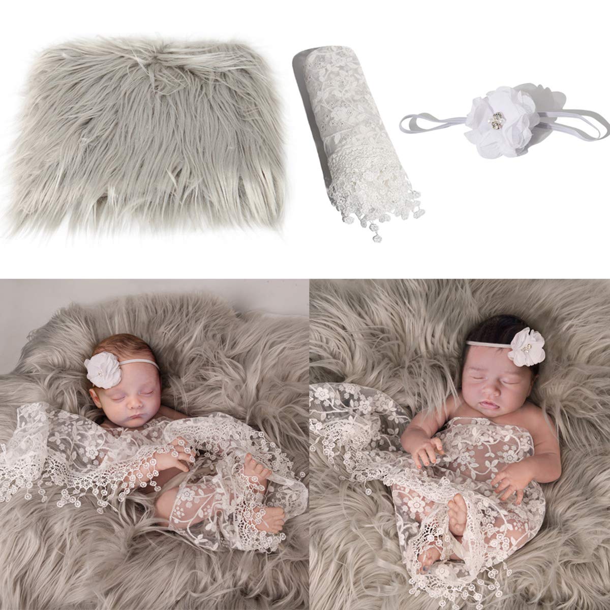 3pcs Baby Newborn Photo Props Fluffy Blanket + Wrap + Headband Set Comfortable Newborn Photography Wrap Mat Backdrops Rug for Boys Girls (White)