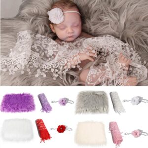 3pcs Baby Newborn Photo Props Fluffy Blanket + Wrap + Headband Set Comfortable Newborn Photography Wrap Mat Backdrops Rug for Boys Girls (White)