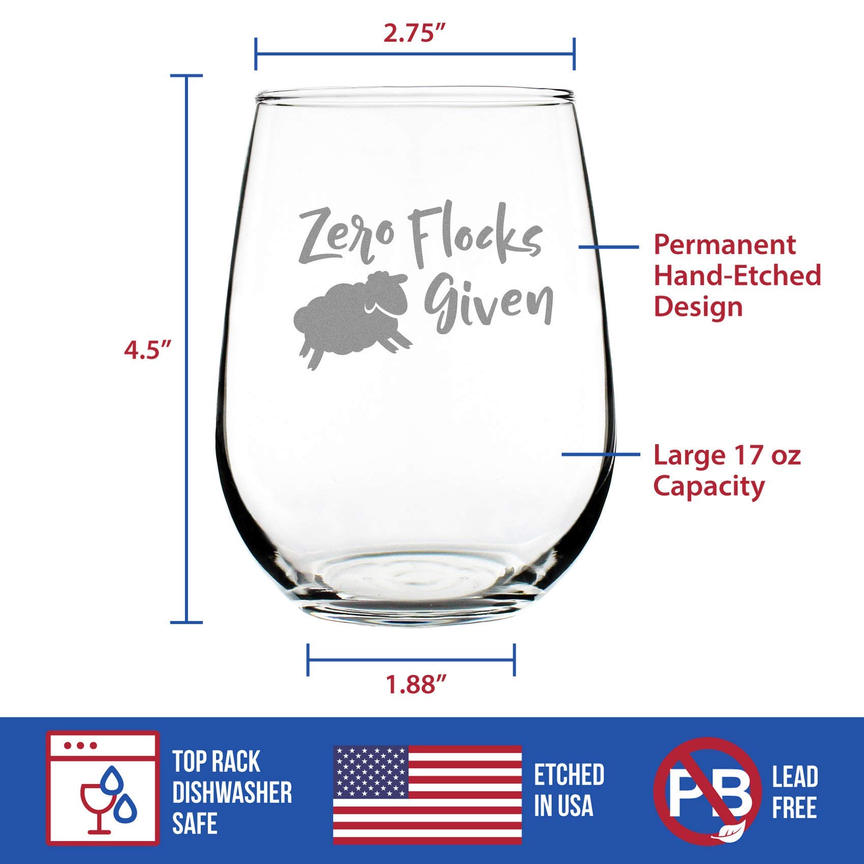 Zero Flocks Given Sheep - Funny Stemless Wine Glass - Cute Farm Animal Gifts for Women - Fun Lamb Decor - Large