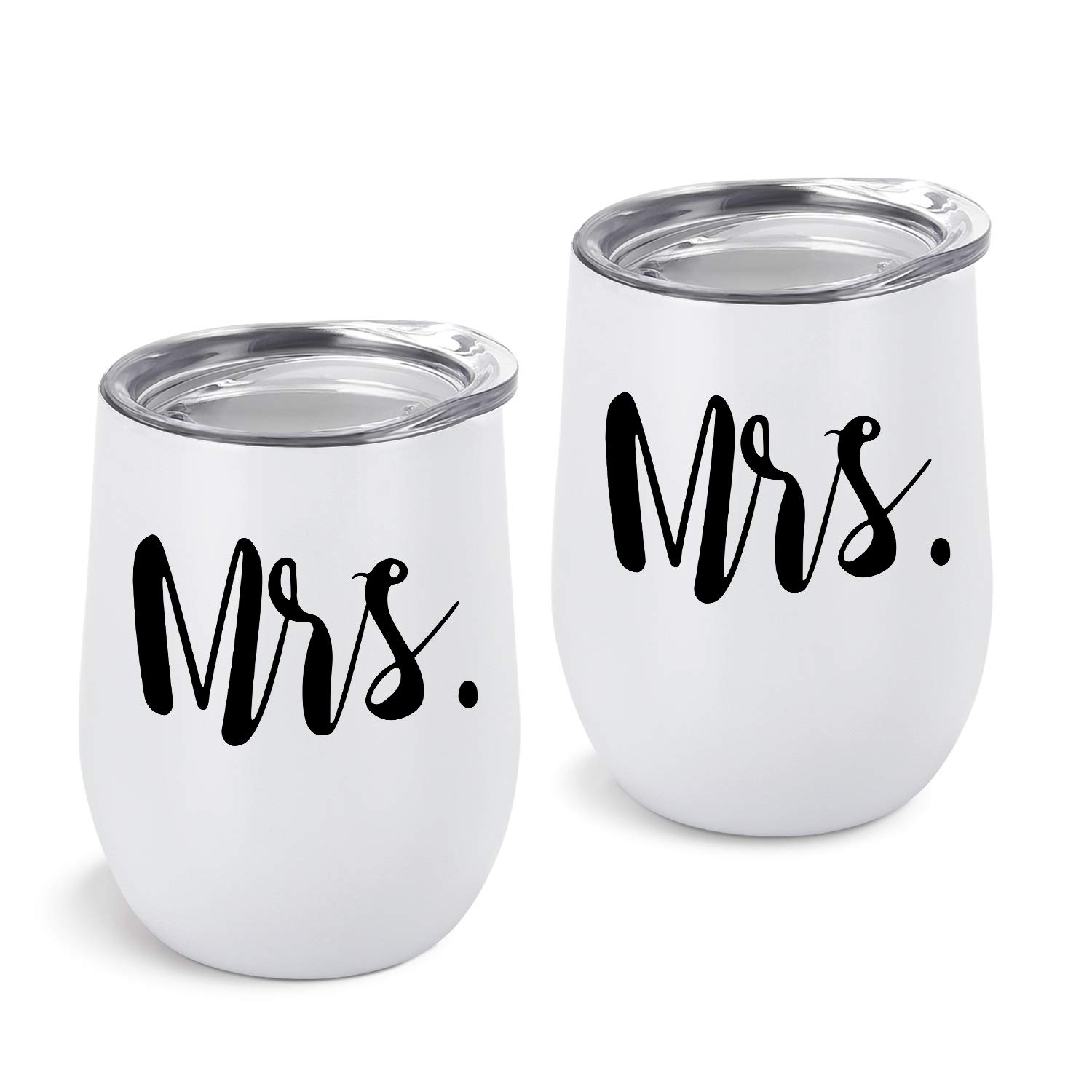 GINGPROUS 2 Pack Mrs and Mrs Wine Tumbler Set, Lesbian Couple Idea for Girlfriend, Engagement Wedding Anniversary LGBT Idea 12 Oz Insulated Stainless Steel Wine Tumbler with Lid, White