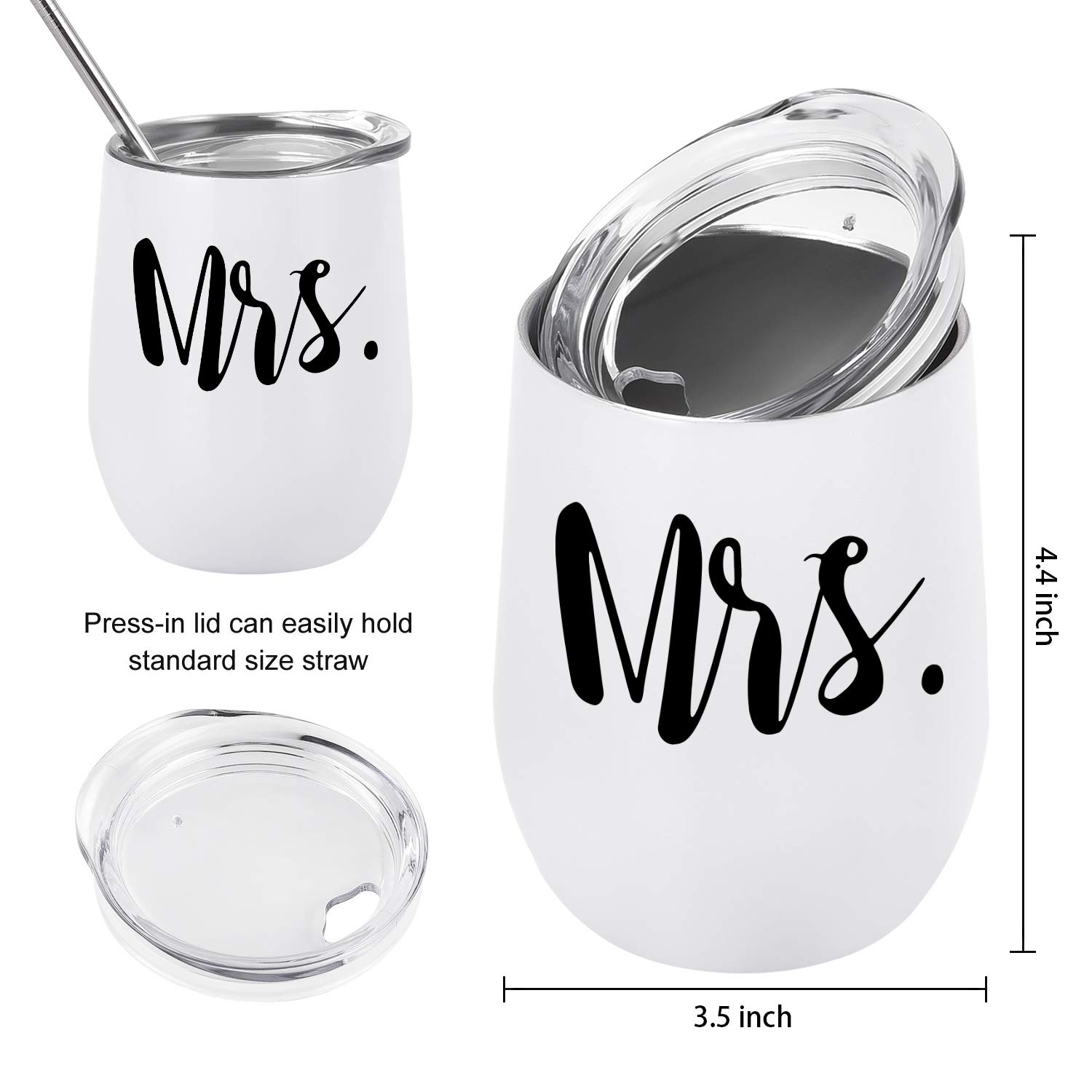 GINGPROUS 2 Pack Mrs and Mrs Wine Tumbler Set, Lesbian Couple Idea for Girlfriend, Engagement Wedding Anniversary LGBT Idea 12 Oz Insulated Stainless Steel Wine Tumbler with Lid, White