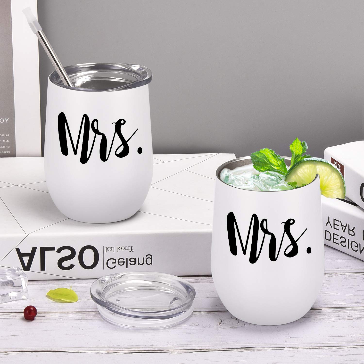 GINGPROUS 2 Pack Mrs and Mrs Wine Tumbler Set, Lesbian Couple Idea for Girlfriend, Engagement Wedding Anniversary LGBT Idea 12 Oz Insulated Stainless Steel Wine Tumbler with Lid, White