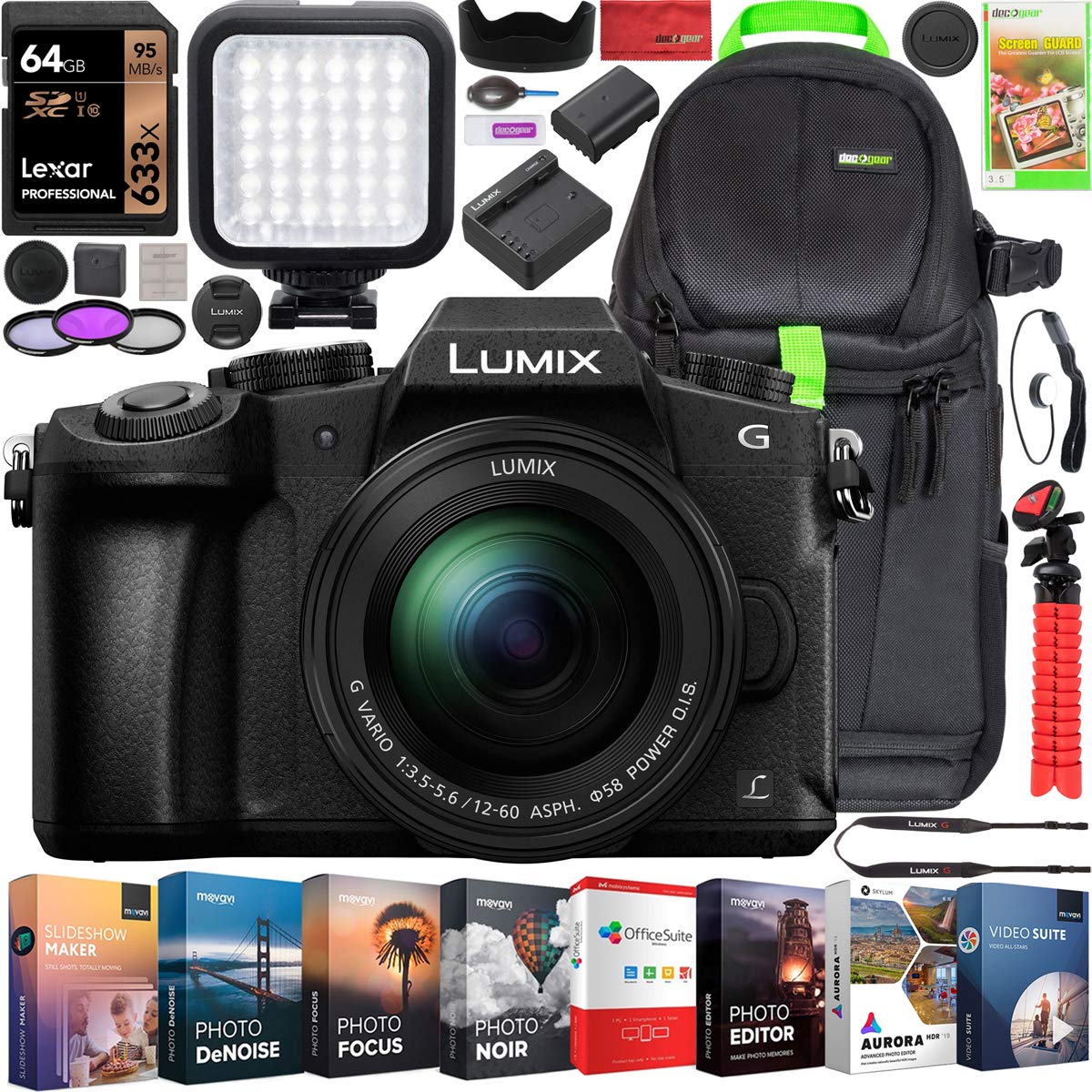 Panasonic DMC-G85MK LUMIX G85 Mirrorless 4K Camera with LUMIX G Vario 12-60mm F3.5-5.6 Lens Bundle w/Deco Gear Backpack + Photo Video LED + Filter Kit + Tripod + 64GB + Software & Accessories