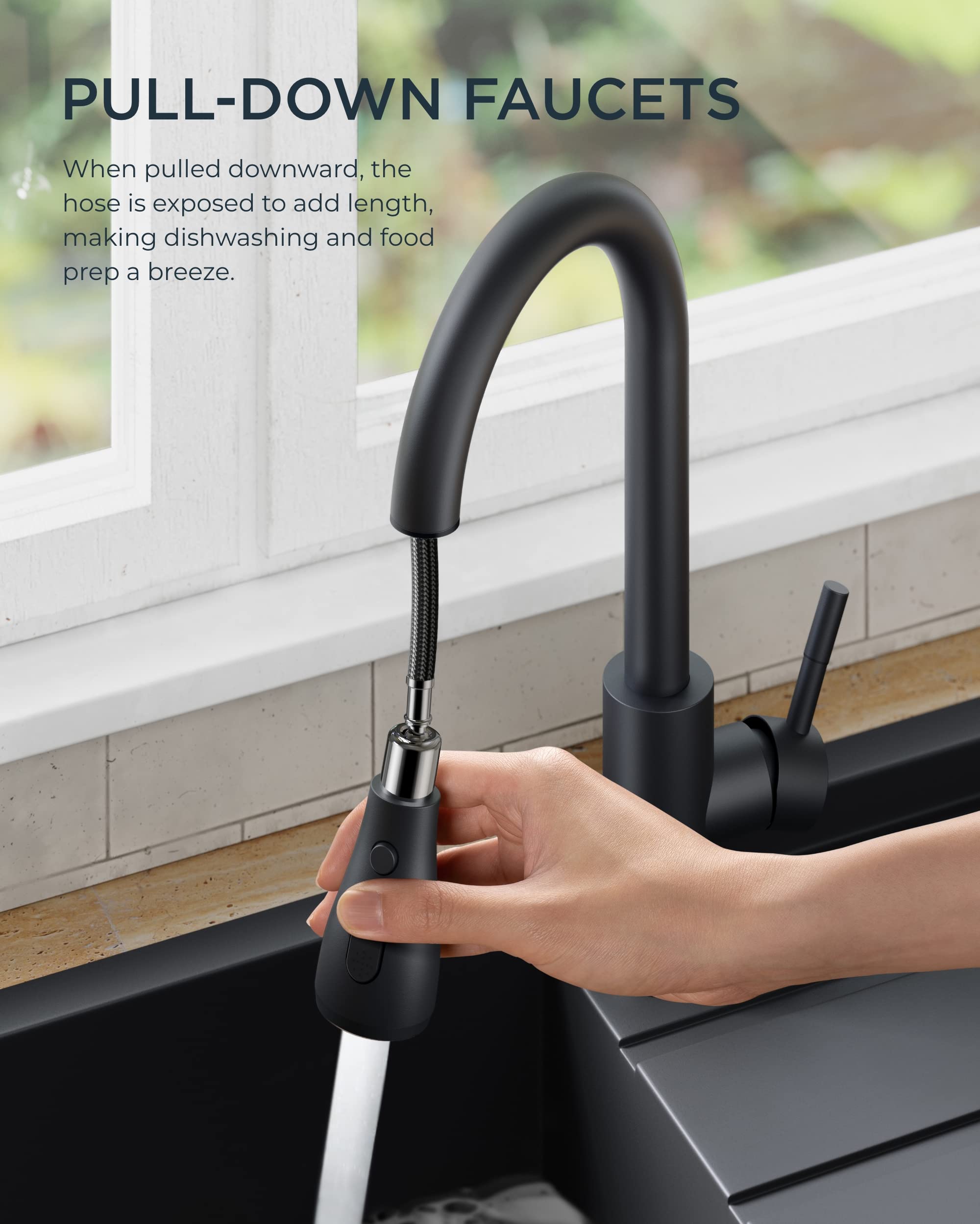 FORIOUS Black Kitchen Faucet, 304 Stainless Steel Kitchen Faucet with Pull Down Sprayer, Commercial Utility Pull Out Sink Faucet, Single Handle High Arc Kitchen Sink Faucets for RV, Laundry, Bar