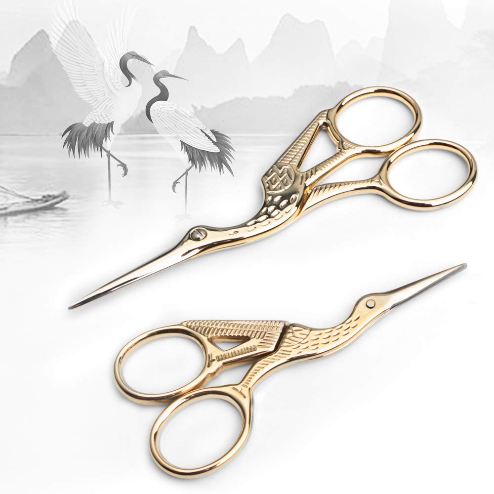 Embroidery Scissors, Stork Scissors for Sewing, Craft, Art Work & Everyday Use, Stainless Steel, 2Pcs, 4.6 inch and 3.7 inch, Gold