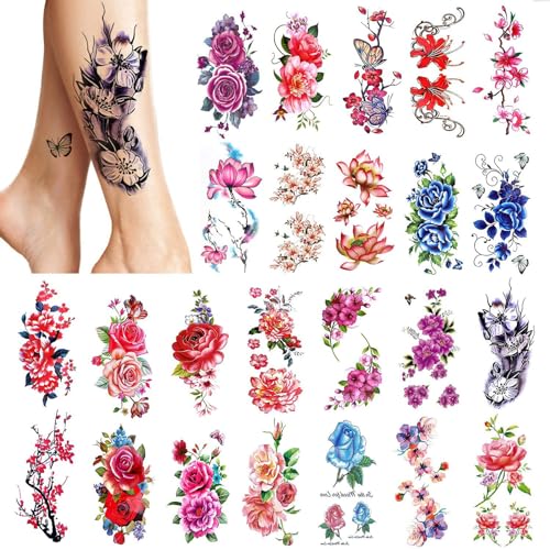 PHOGARY 24 pieces Women Temporary Tattoos (Large Flowers), Bright Colored Fake Tattoo Stickers (Water Transfer), Waterproof Body Art Sticker for Girls Arms Legs Shoulder Back