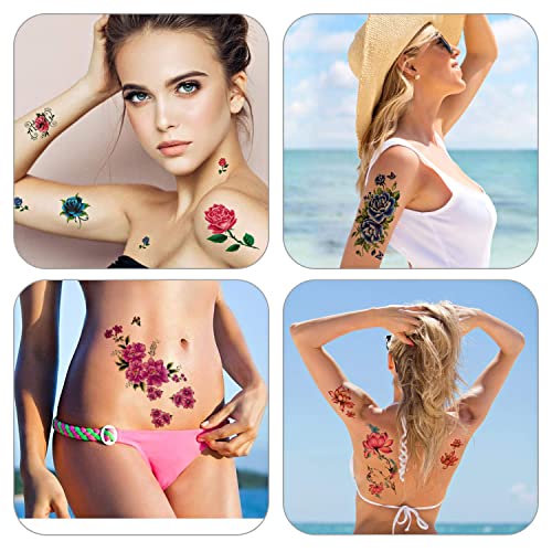 PHOGARY 24 pieces Women Temporary Tattoos (Large Flowers), Bright Colored Fake Tattoo Stickers (Water Transfer), Waterproof Body Art Sticker for Girls Arms Legs Shoulder Back