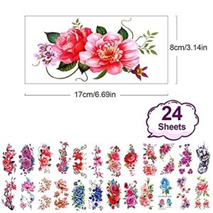 PHOGARY 24 pieces Women Temporary Tattoos (Large Flowers), Bright Colored Fake Tattoo Stickers (Water Transfer), Waterproof Body Art Sticker for Girls Arms Legs Shoulder Back