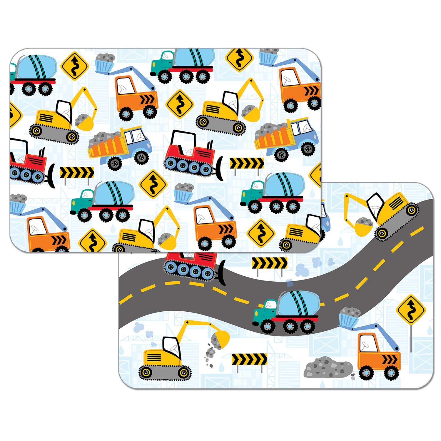 First Dawn Wipe-Clean Hello Little One Reversible Decofoam Placemats, Kids Construction Trucks, Set of 2, Made in The USA