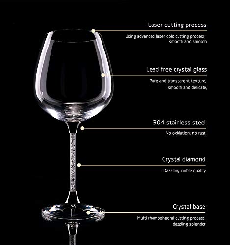 Gold With Diamond Wine Glasses Set of 2 - Weddings, Birthdays, Parties - Rhinestone DIAMOND Filled Stem Studded - Long Stem, 18oz 9-inches Tall – Glassware Laser Cut Diamond Base 18 Ounces Glass Gift