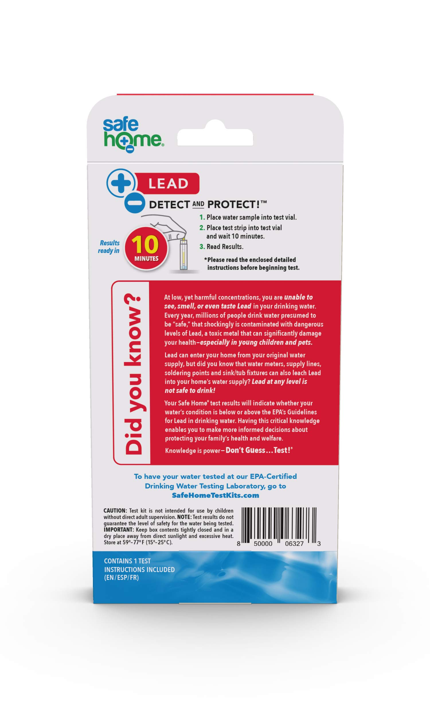 Safe Home® DIY Lead in Drinking Water Test Kit – at Home Testing for Lead in City Water or Well Water – Detection to 5ppb – 10 Minute Test – Single Pack