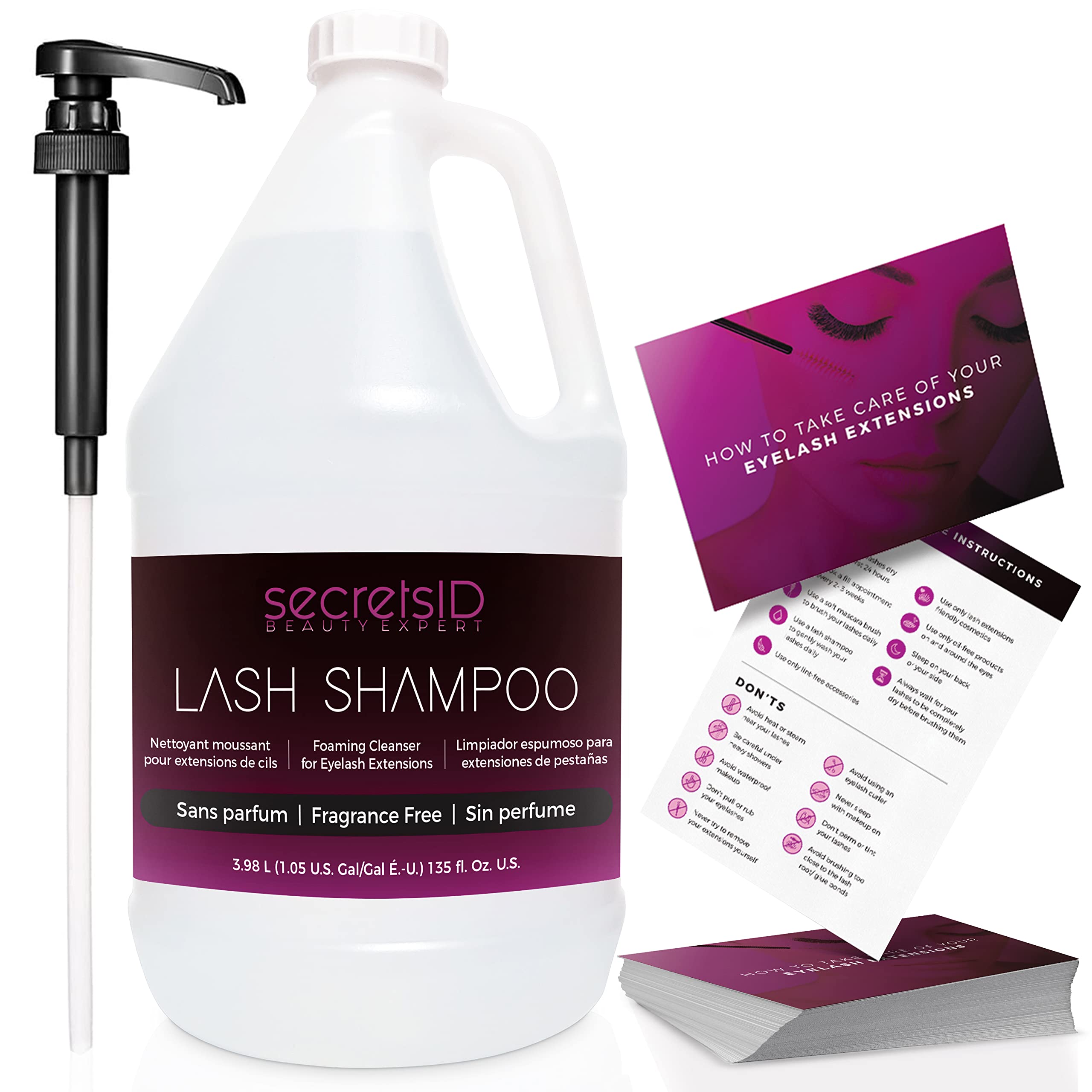 SecretsID Professional Lash Shampoo for Lash Extensions - Lash Shampoo Bulk 1 Gallon - Premium Lash Extension Shampoo & Lash Wash w/ 50 Lash Aftercare Cards