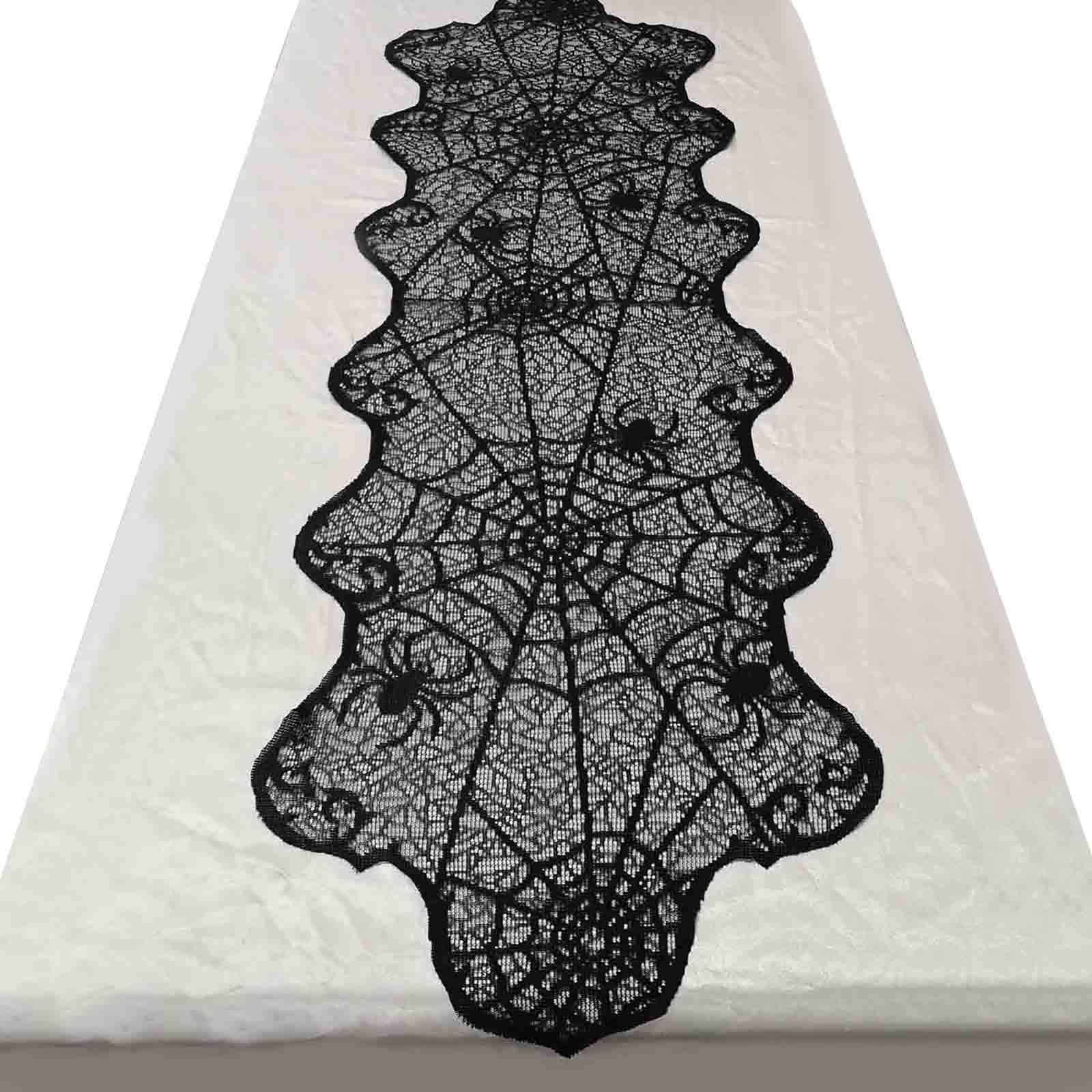 Vlovelife 14 x 48 Inch Halloween Table Runner, Black Lace Spider Web Table Runner, Halloween Decoration Lace Table Runner, Table Linens Topper for Halloween Party Dinner Table Decor