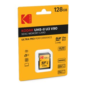 Kodak 128GB UHS-II U3 V90 Ultra Pro SDXC Memory Card - Up to 3000MB/s Read Speed and 270MB/s Write Speed