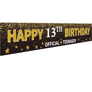 ushinemi happy 13th birthday banner, official teenager banner, 13 year old birthday party decorations supplies sign backdrop, black, 9.8x1.6ft