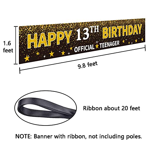 Ushinemi Happy 13th Birthday Banner, Official Teenager Banner, 13 Year Old Birthday Party Decorations Supplies Sign Backdrop, Black, 9.8x1.6Ft