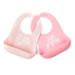 bella tunno wonder bib 2pk - adjustable silicone baby bibs for girls & boys, durable and waterproof bpa free silicone, run the world & hello gorgeous