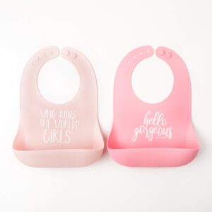 Bella Tunno Wonder Bib 2pk - Adjustable Silicone Baby Bibs for Girls & Boys, Durable and Waterproof BPA Free Silicone, Run The World & Hello Gorgeous