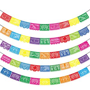 asoulin 5 pcs mexican party banners, cinco de mayo mexico decor, fiesta party decoration, easter decor, plastic papel picado, dia de los muertos, day of the dead decoration, 12 patterns/90 feet total