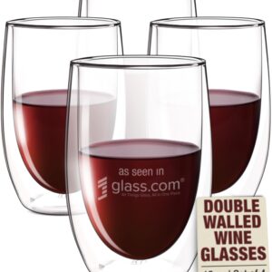 Eparé Stemless Wine Glasses - 13 oz Set of 4 Double-Walled Hand Blown No Stem Wine Glasses - Stemless Red & White Clear Wine Glass Tumblers for Wedding