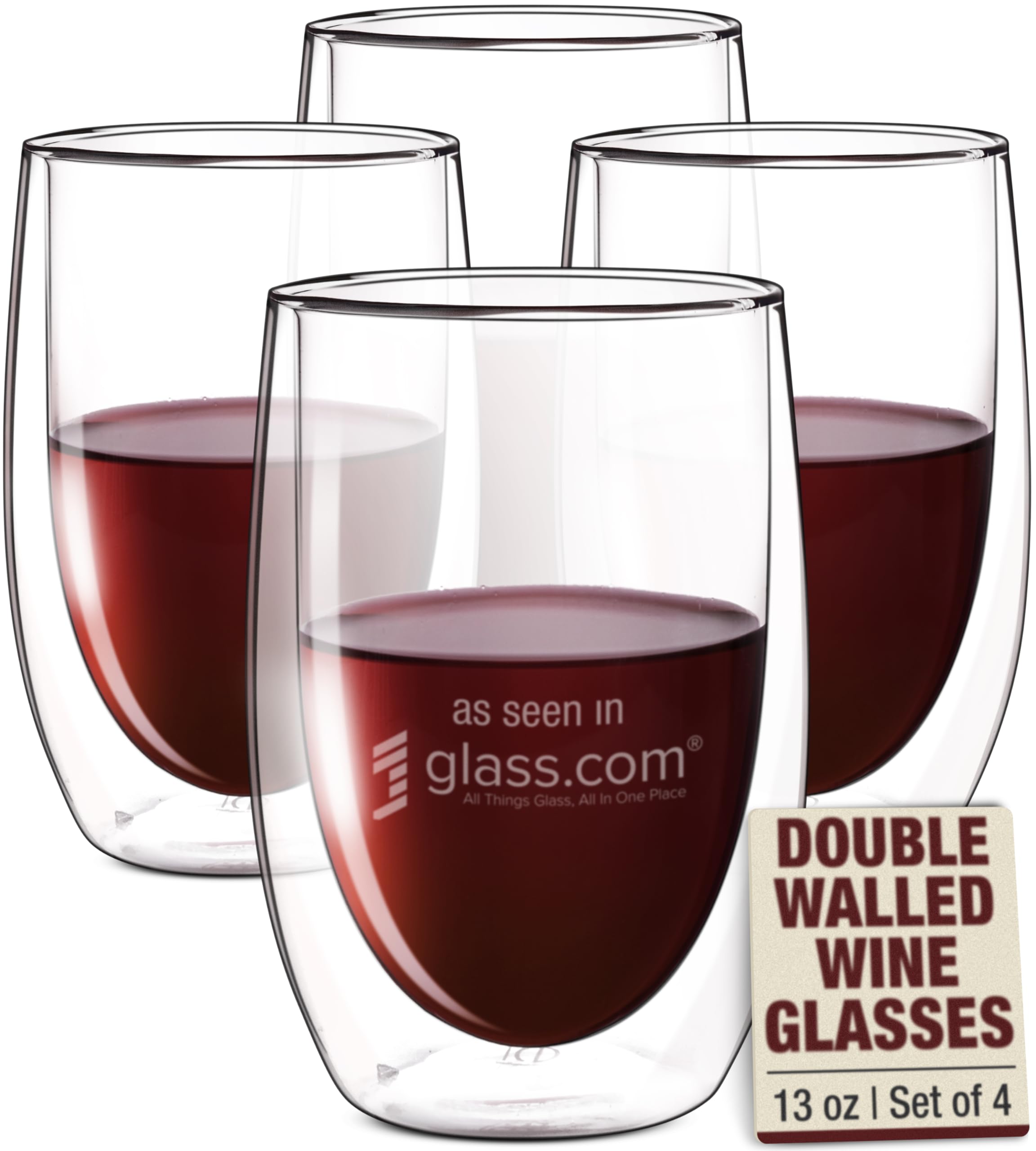 Eparé Stemless Wine Glasses - 13 oz Set of 4 Double-Walled Hand Blown No Stem Wine Glasses - Stemless Red & White Clear Wine Glass Tumblers for Wedding