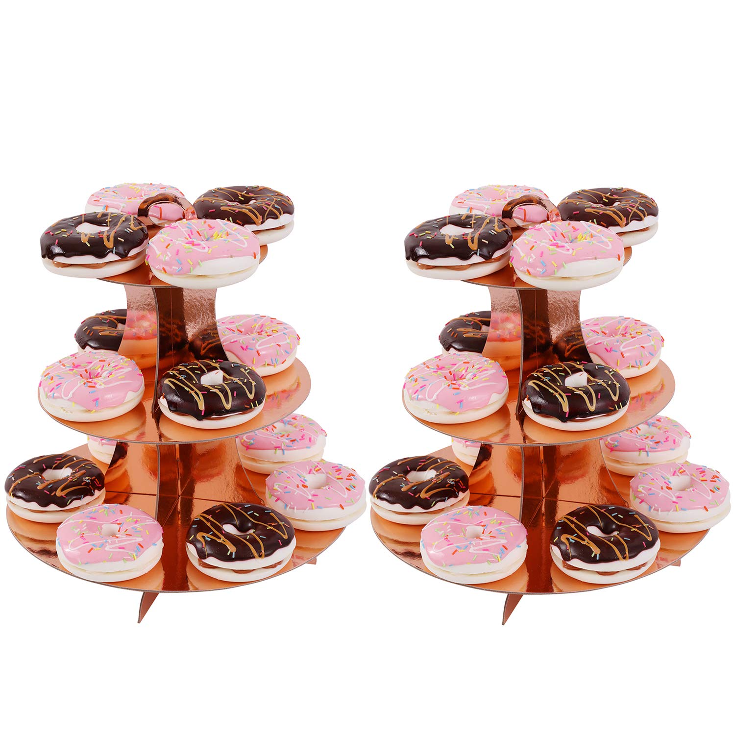 2 Set Rose Gold 3-Tier Round Cardboard Cupcake Stand for 24 Cupcakes Perfect for Women Girls Birthday Bridal Shower Rose Gold Party Supplies