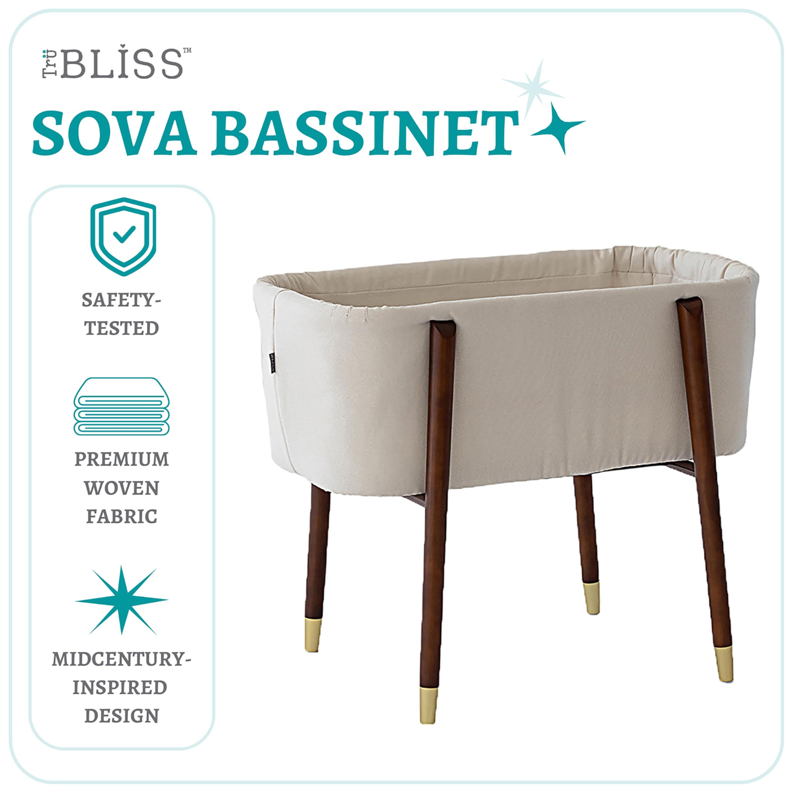 TruBliss Phoenix Baby Sova Bassinet - Portable Bassinet, Mid-Century Design, Extra Deep Walls for Safety, Includes 2 Fitted Sheets and Padded Mattress - Perfect for Newborns and Babies