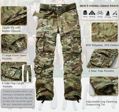 AKARMY Men's Ripstop Wild Cargo Pants, Relaxed Fit Hiking Pants, Army Camo Combat Casual Work Pants with 8 Pockets(No Belt) 3355 CP Camo 34