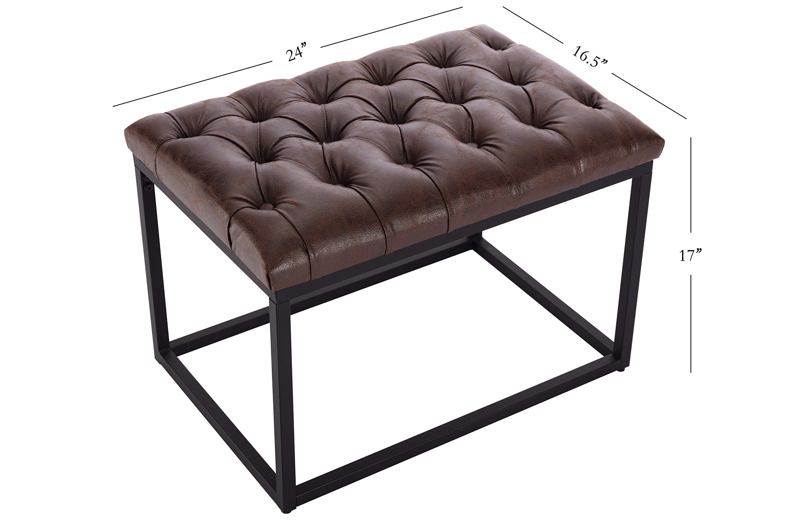 Wovenbyrd Modern Rectangular Button Tufted Ottoman Footstool with Metal Frame, 24-Inch by 16.5-Inch, Dark Brown Faux Leather