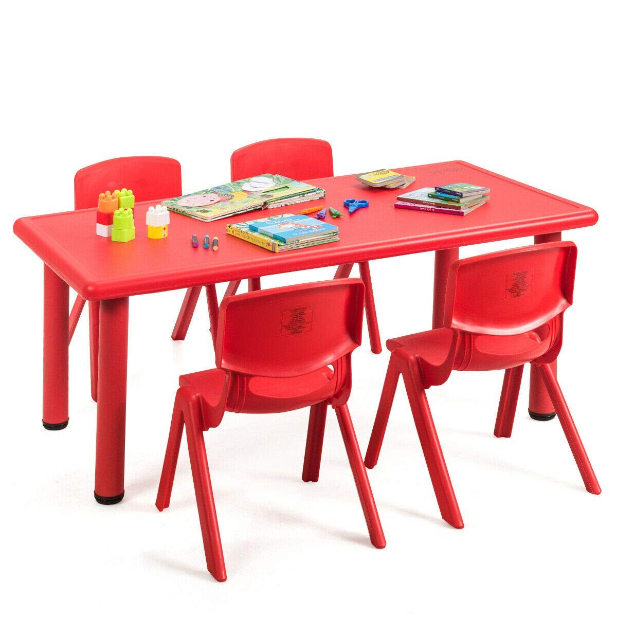 Costzon Kids Table and Chair Set, 4 Pcs Stackable Chairs, 47 x 23.5 Inch Rectangular Plastic Activity Table Set for Children Reading Drawing Playing Snack Time, Toddler School Furniture (Red)