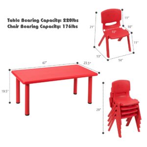 Costzon Kids Table and Chair Set, 4 Pcs Stackable Chairs, 47 x 23.5 Inch Rectangular Plastic Activity Table Set for Children Reading Drawing Playing Snack Time, Toddler School Furniture (Red)