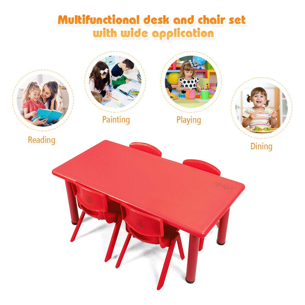 Costzon Kids Table and Chair Set, 4 Pcs Stackable Chairs, 47 x 23.5 Inch Rectangular Plastic Activity Table Set for Children Reading Drawing Playing Snack Time, Toddler School Furniture (Red)