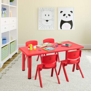 Costzon Kids Table and Chair Set, 4 Pcs Stackable Chairs, 47 x 23.5 Inch Rectangular Plastic Activity Table Set for Children Reading Drawing Playing Snack Time, Toddler School Furniture (Red)