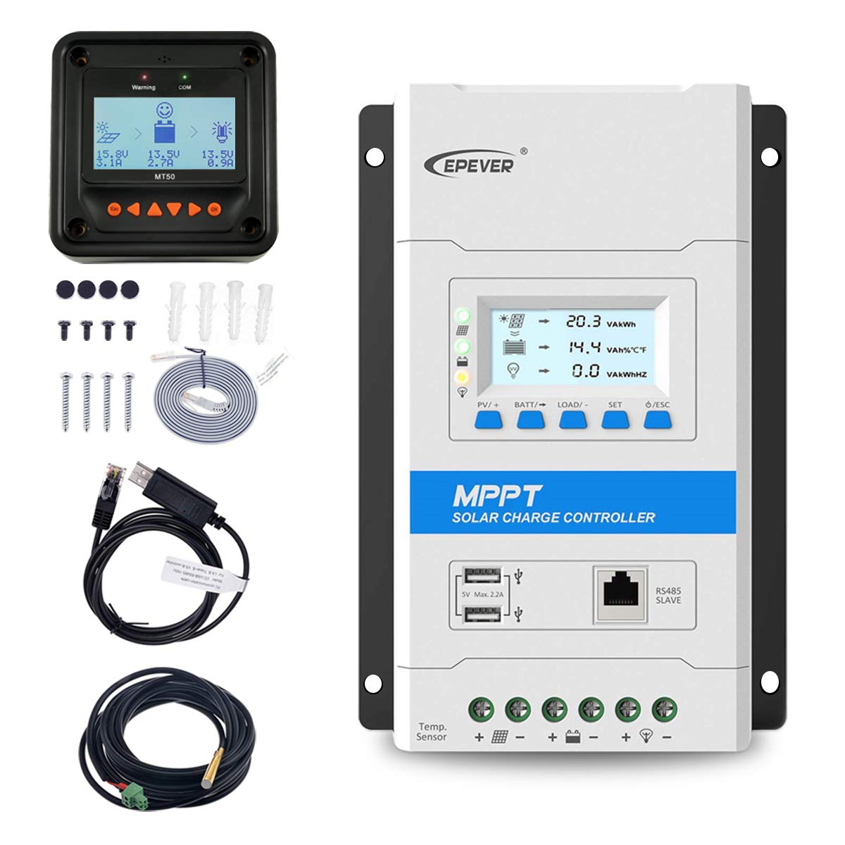 EPEVER 40A MPPT Solar Charge Controller Max. PV 150V Solar Panel Charge Regulator with LED&LCD Display Double USB Port and MT50 Remote Meter Temperature Sensor RTS & PC Communication Cable RS485